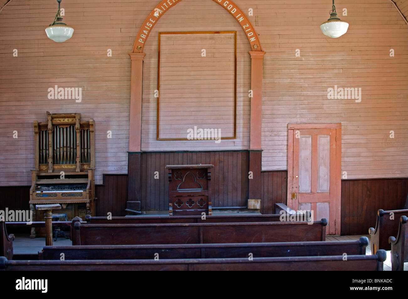 Interior of a church in Bodie State Park, California. Summer morning ...