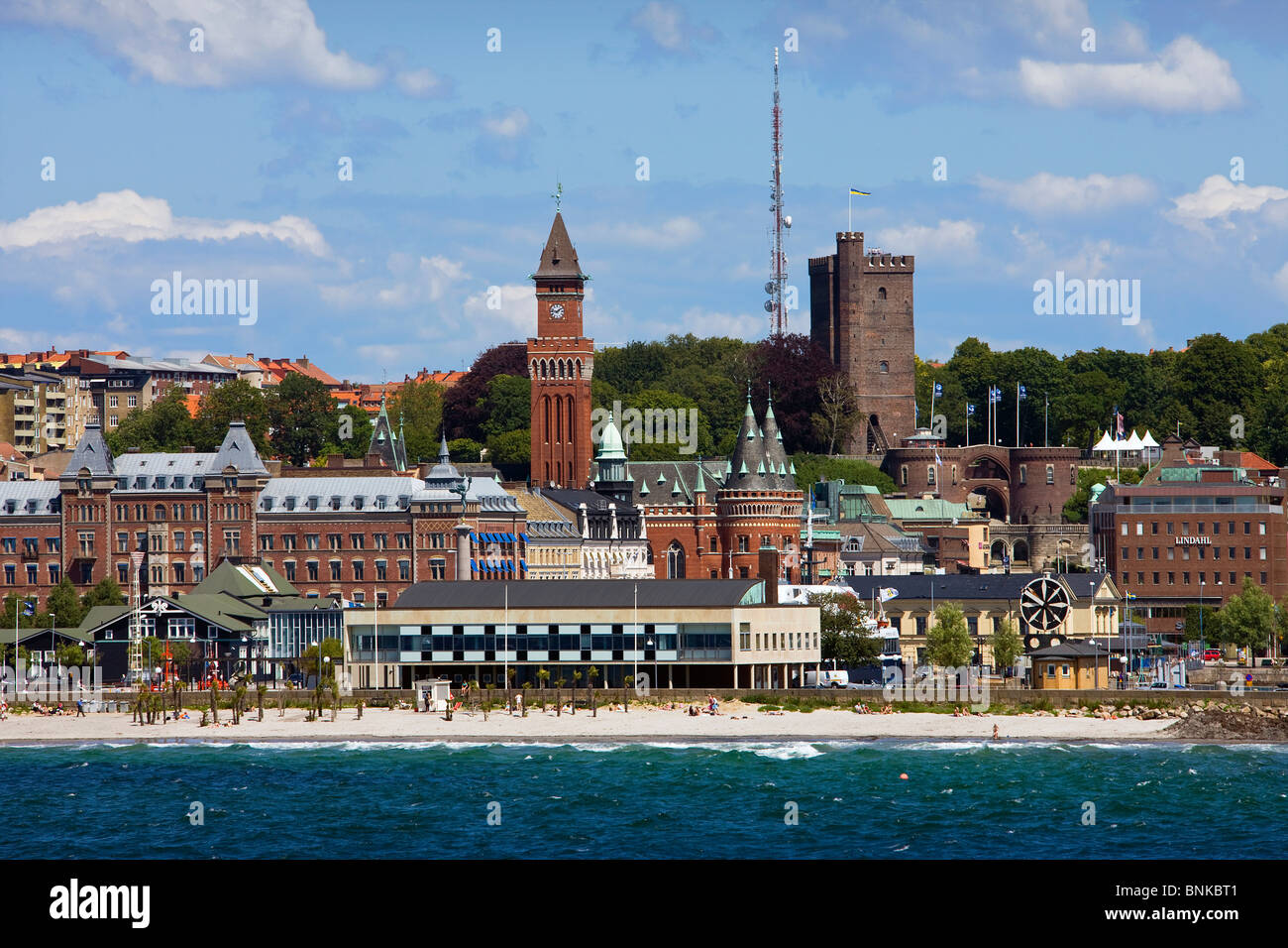 Sweden Helsingborg town city beach seashore building construction sea ...