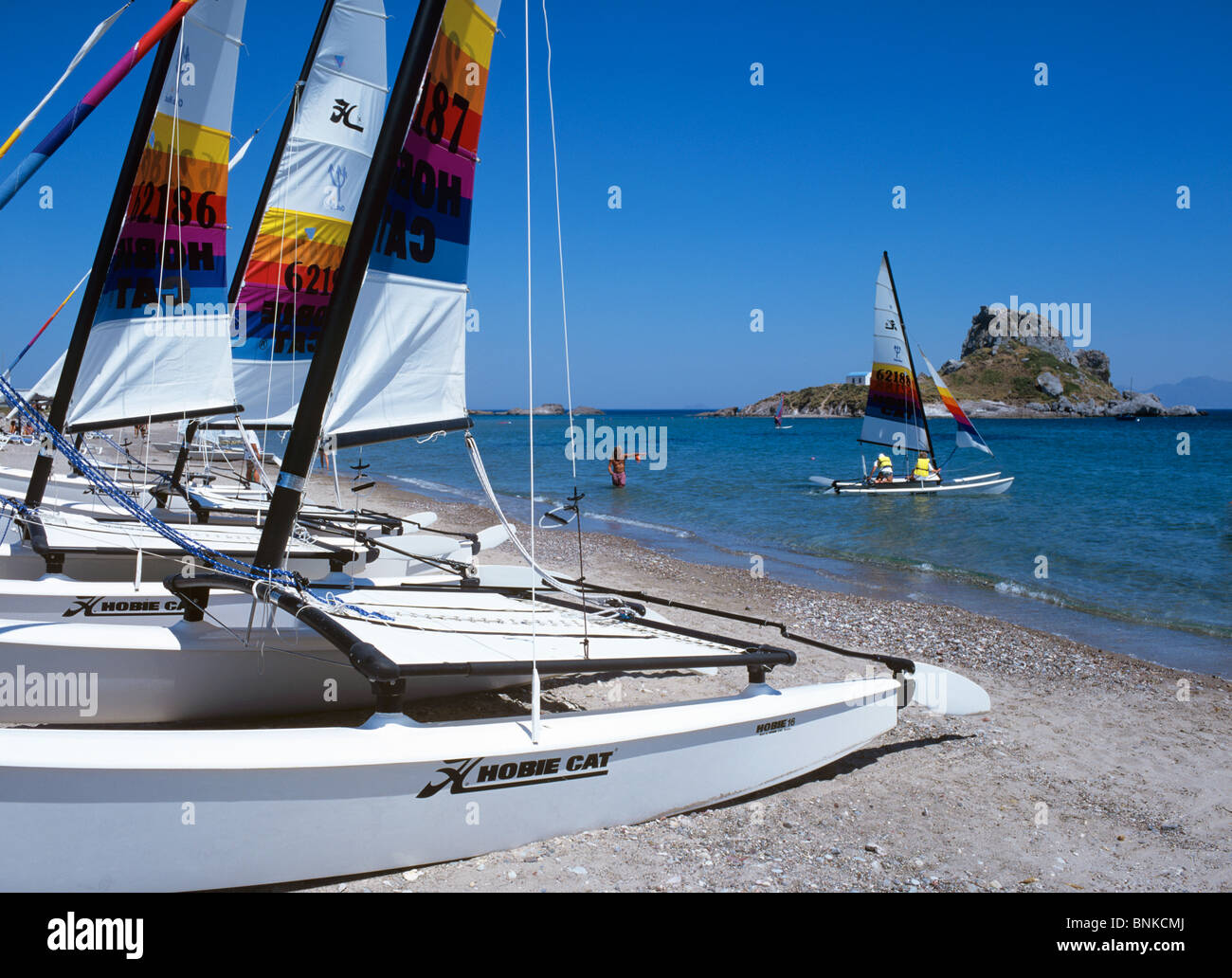 Hobie cats on Kamari Beach near Kefalos on the island of Kos Stock ...