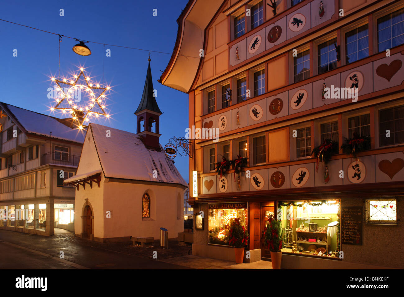 Switzerland Appenzell village place Christmas lighting star Advent ...