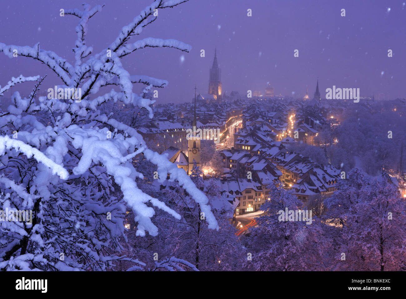 Switzerland Bern town city at night winter darkly snow Old Town lights ...