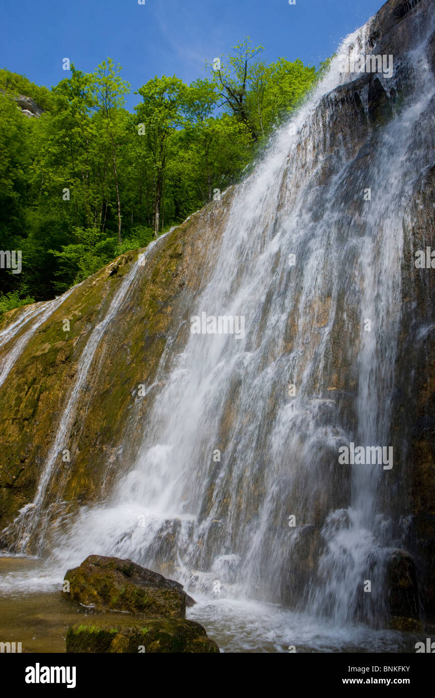 Cascade du Hérisson France Jura waterfall river flow cliff wall wood ...