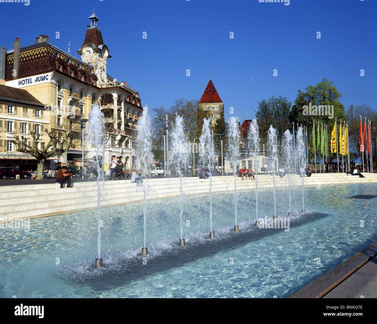 Switzerland Lausanne fountain lake promenade summer water canton Vaud ...