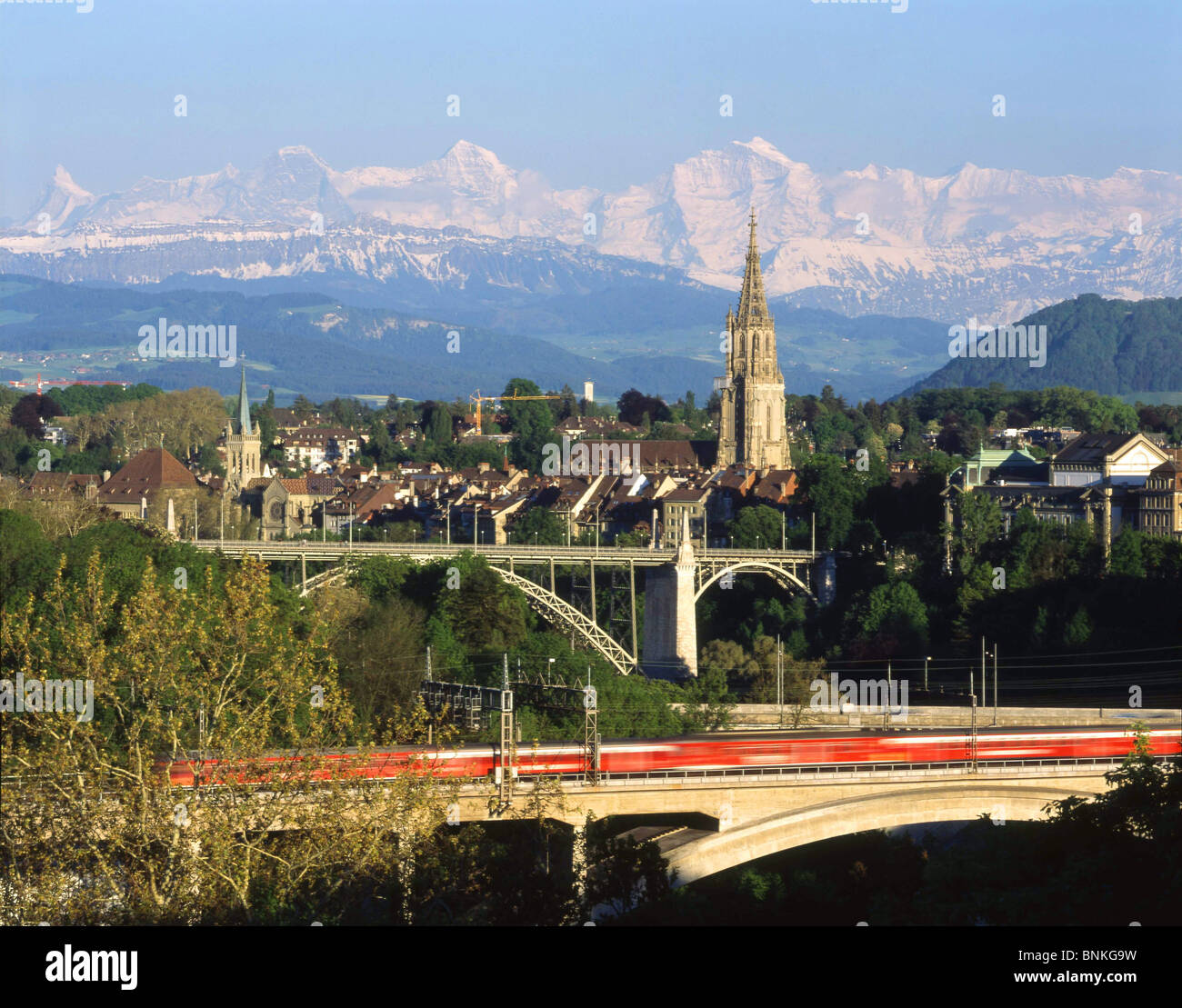 Switzerland town city Bern Bernese Alps church train road railway ...