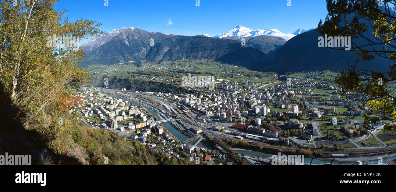 Switzerland Brig place town city overview canton Valais traffic river ...