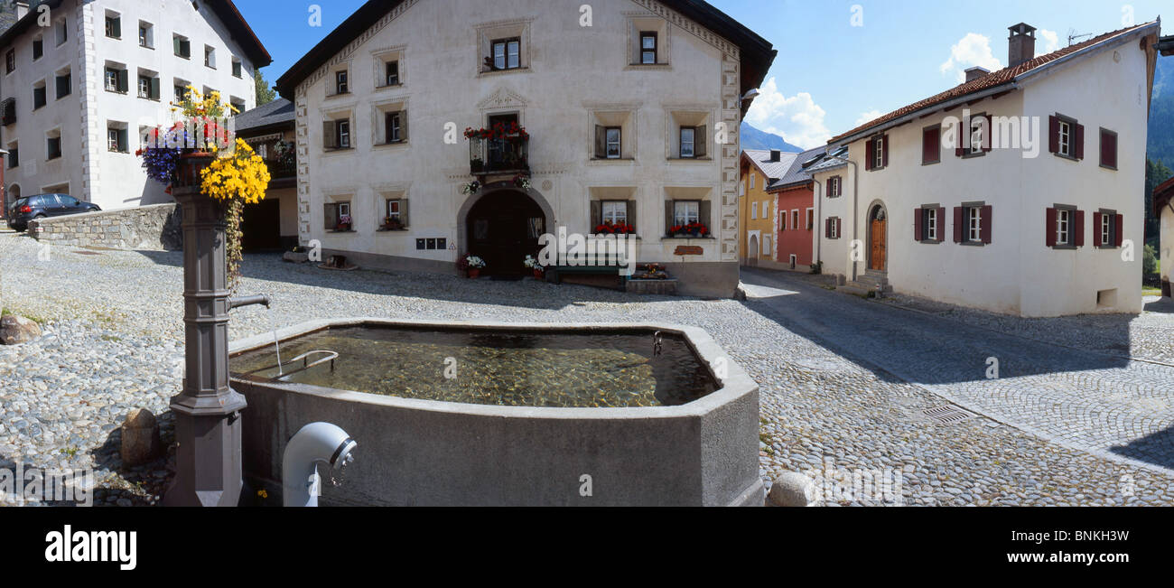 Switzerland S-Chanf canton Graubünden village core fountain Bündnerland ...