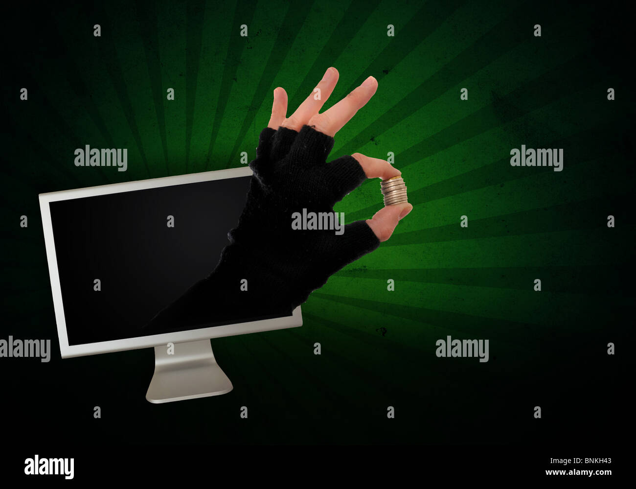 Hand in glove is reaching out from the computer monitor to take your ...
