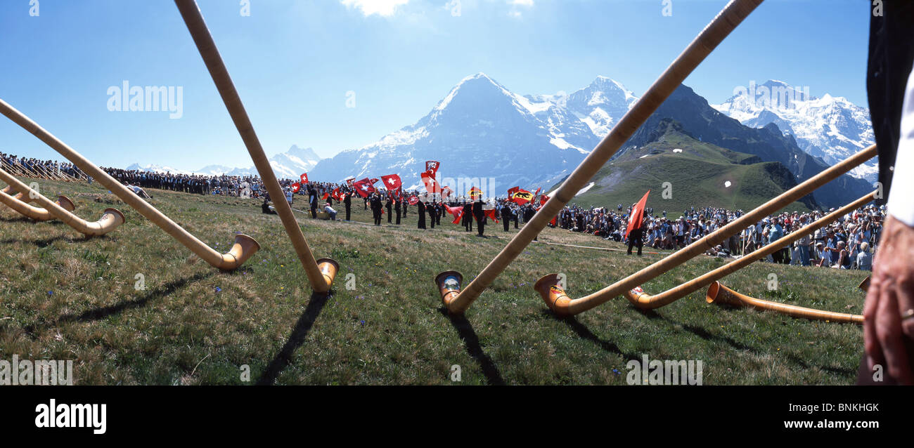 Switzerland tradition folklore alp horn meeting alp horn blower flag ...