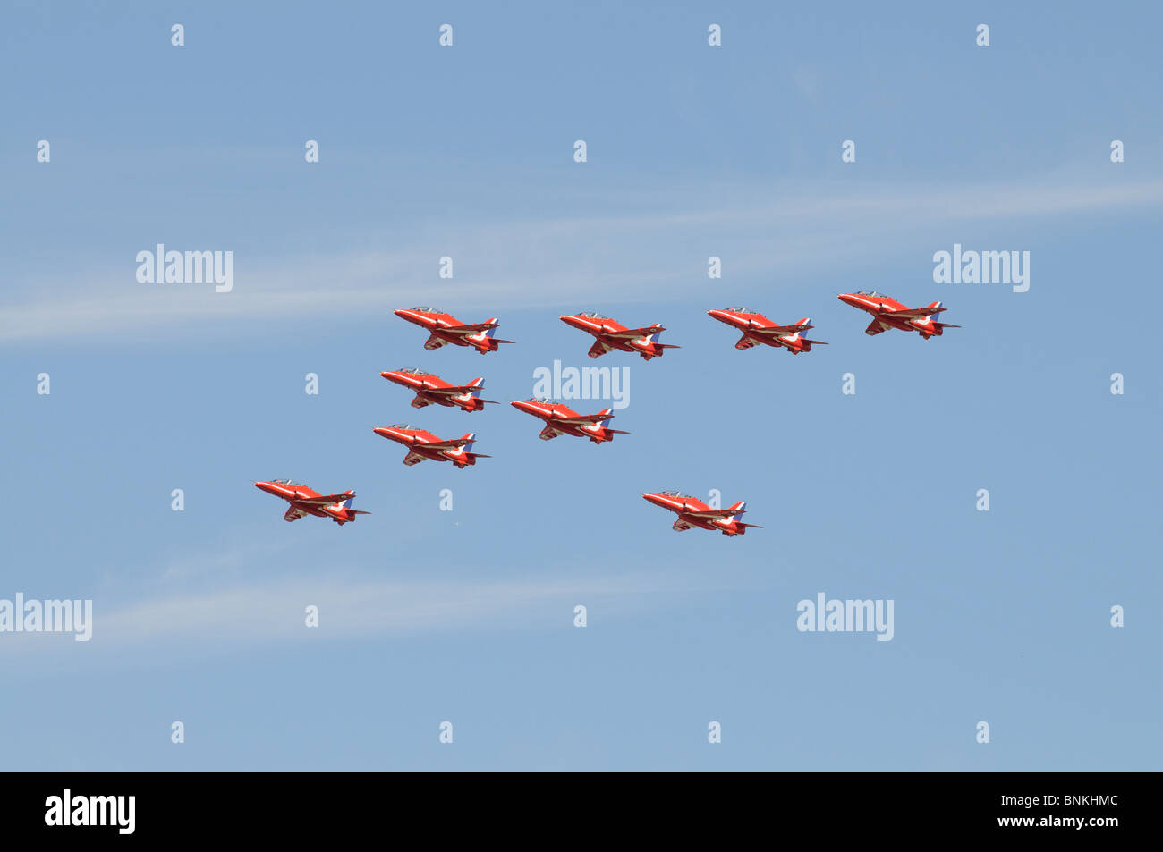 Red Arrows RAF aerobatic display team flying Hawk trainer jet aircraft ...