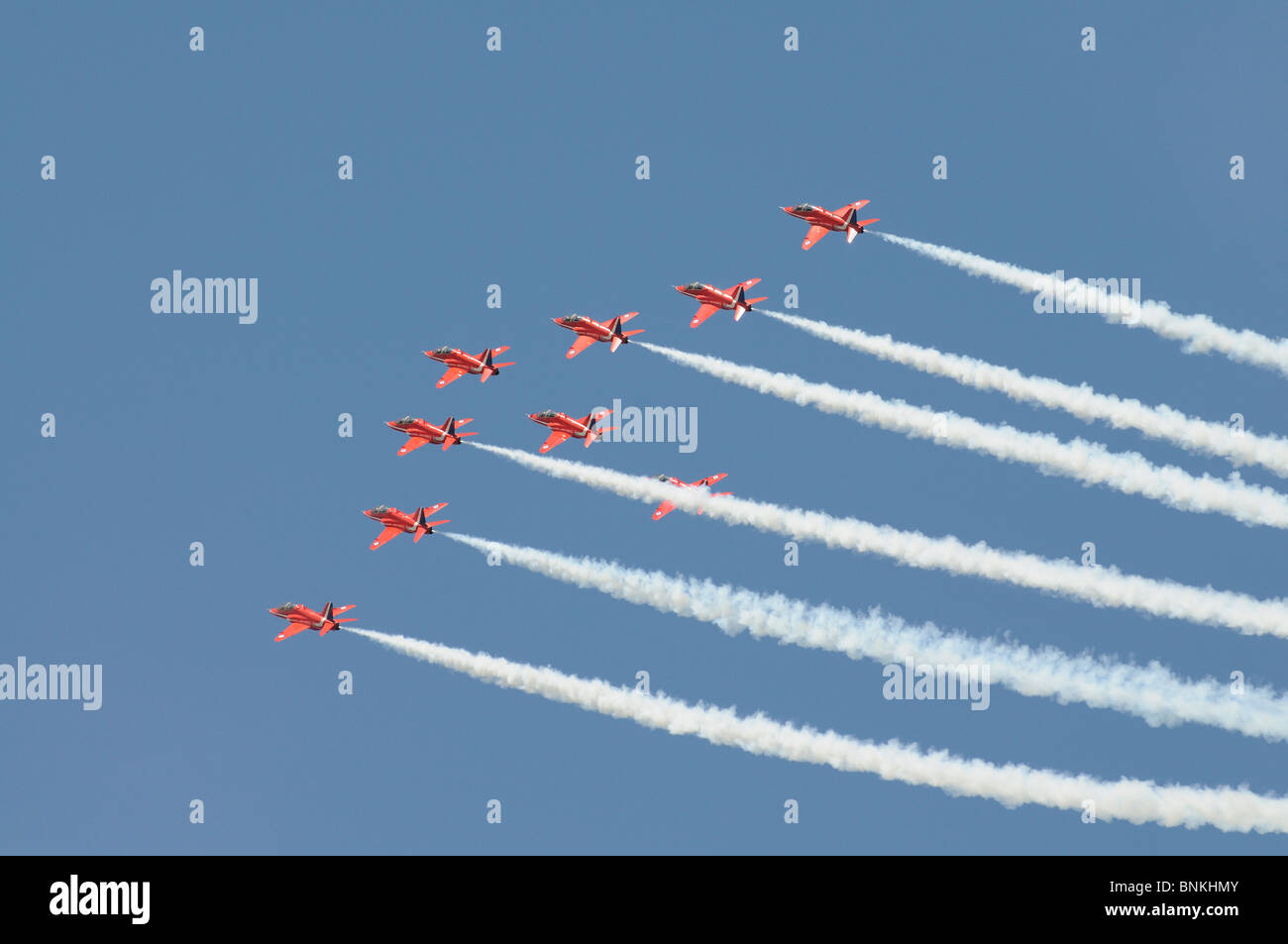 The Red Arrows RAF aerobatic display team flying their Hawk aircraft in ...
