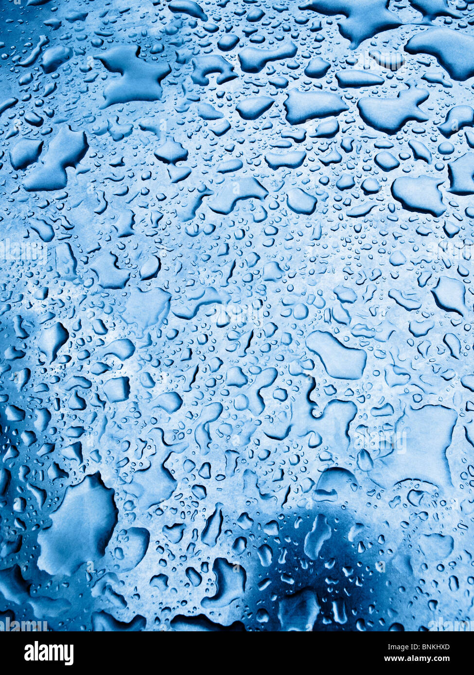Blue tinted water droplets seen from above on flat surface Stock Photo ...