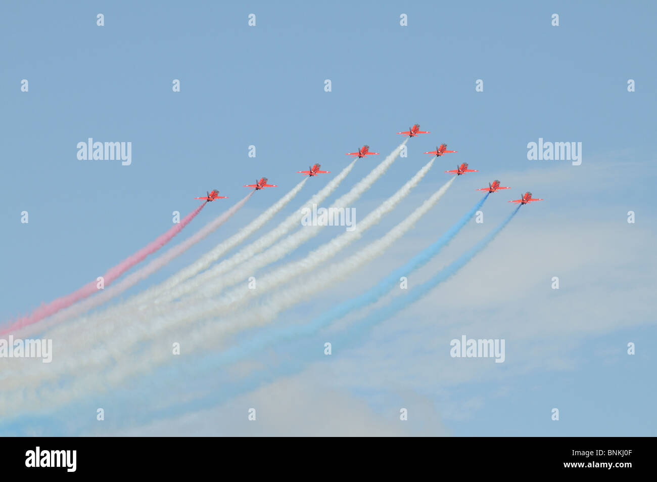 The Red Arrows RAF aerobatic display team flying their Hawk aircraft in ...