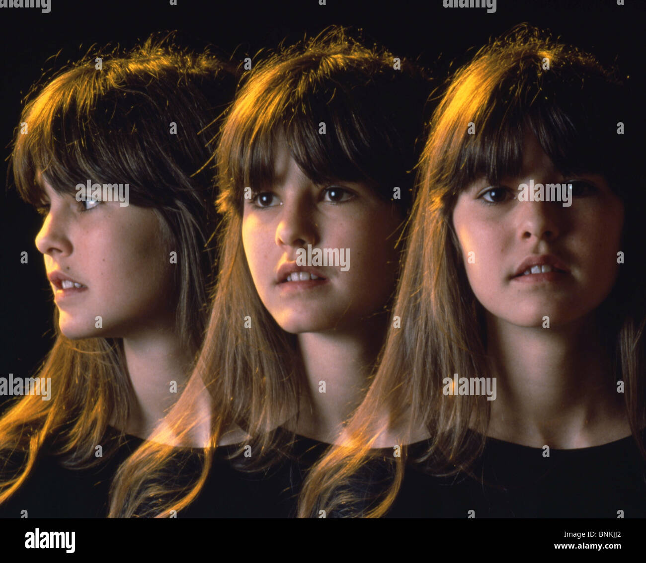 Girls portrait profile Front head rotation long hair pony background ...