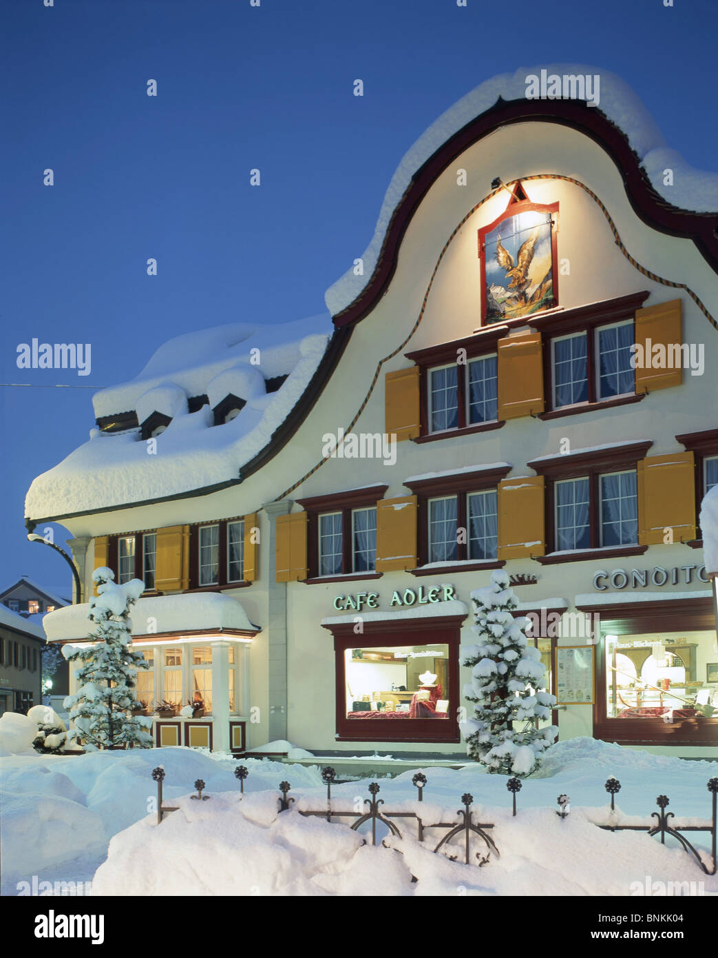 Switzerland Appenzell winter snow confectionery café eagle outside ...