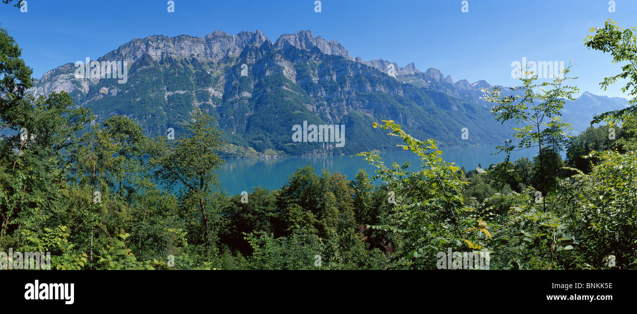 Switzerland scenery Walensee Churfirsten mountains trees nature wood ...