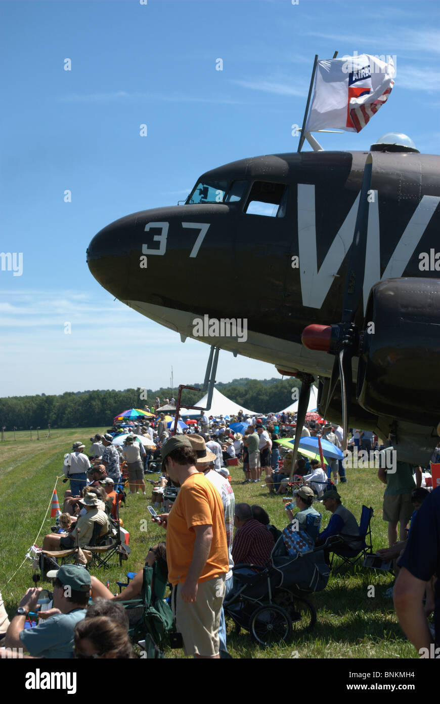 Nose of C47 WWII Airborne Plane faced grass runway at Geneseo Air Show ...