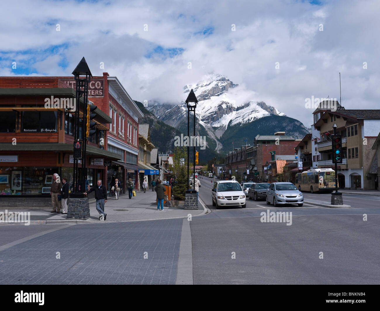 View of Banff Avenue with Cascade Mountain in the background. Downtown Banff Alberta Canada ...