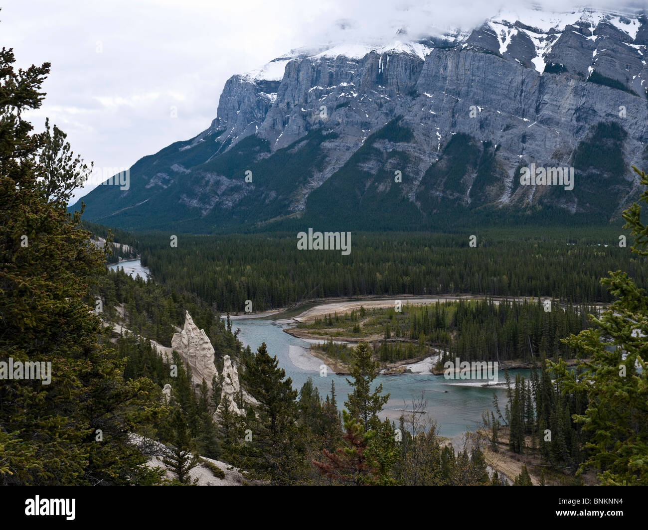 Hoodoo rock structures along the Bow River in Banff National Park ...