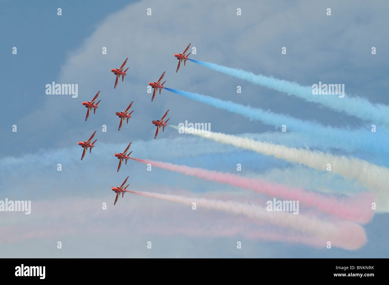 The Red Arrows RAF aerobatic display team flying their Hawk aircraft in ...