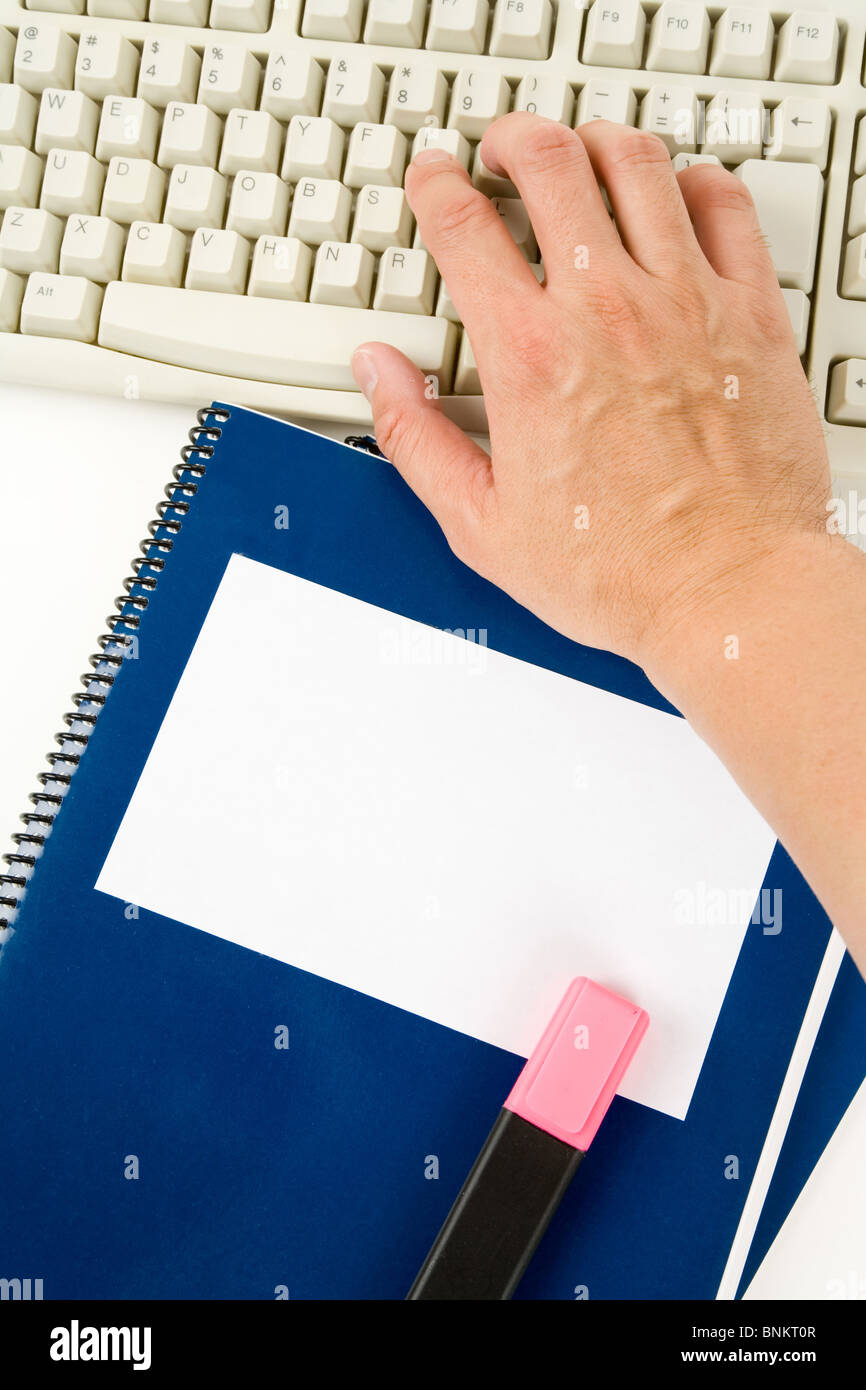 Blue school textbook and computer keyboard, online learning Stock Photo ...