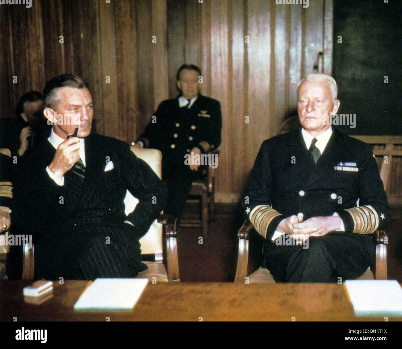US ADMIRAL CHESTER NIMITZ at right with Secretary of the Navy James ...