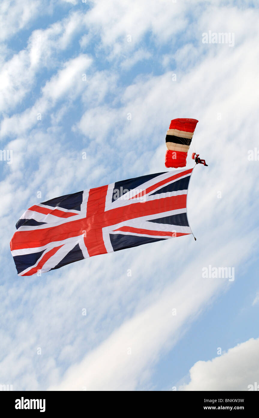 Union Jack flag being flown by a Red Devils parachutist from the ...
