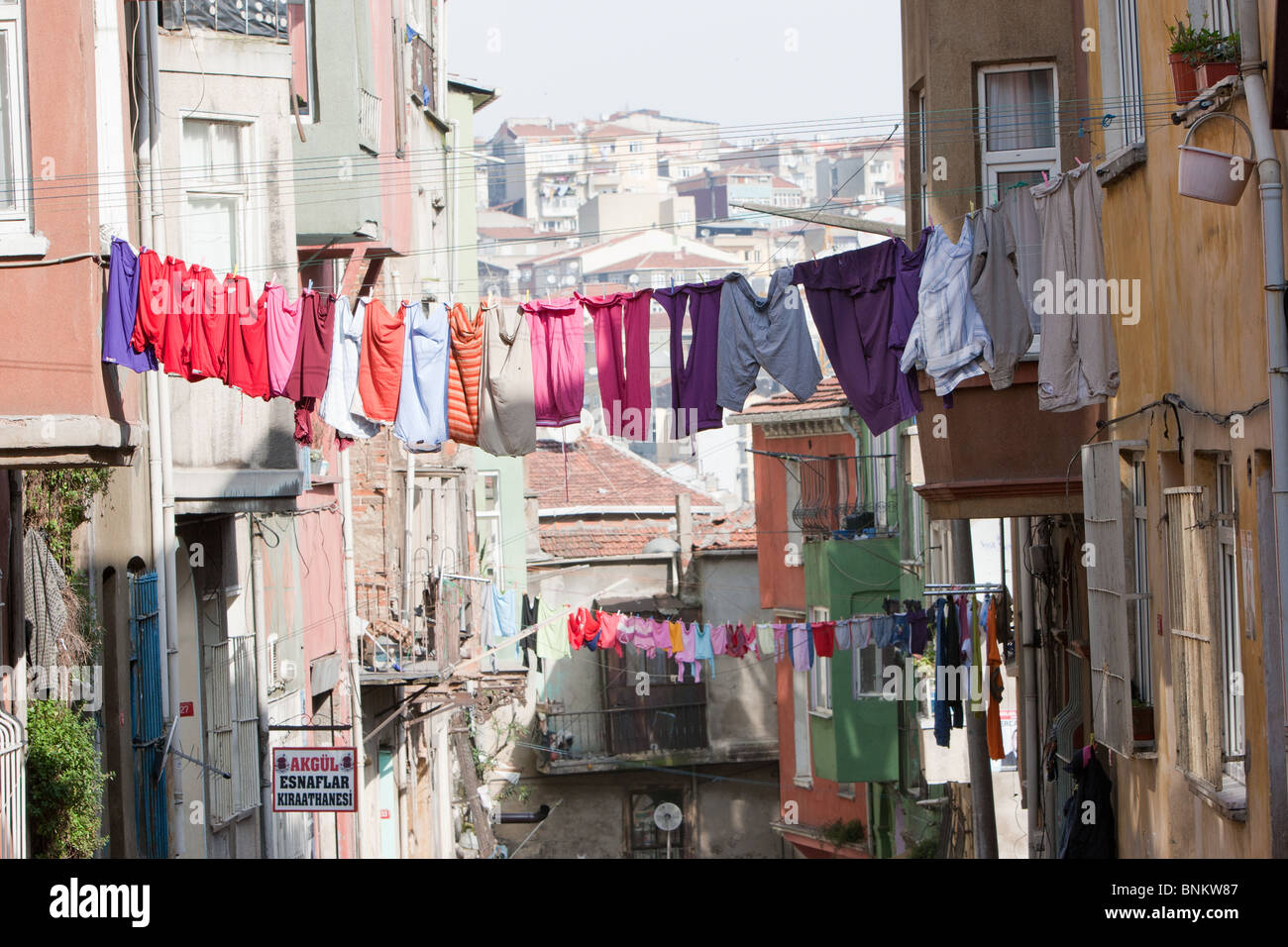 clotheslines hanging from roofs, slums, Istanbul, Turkey Stock Photo ...