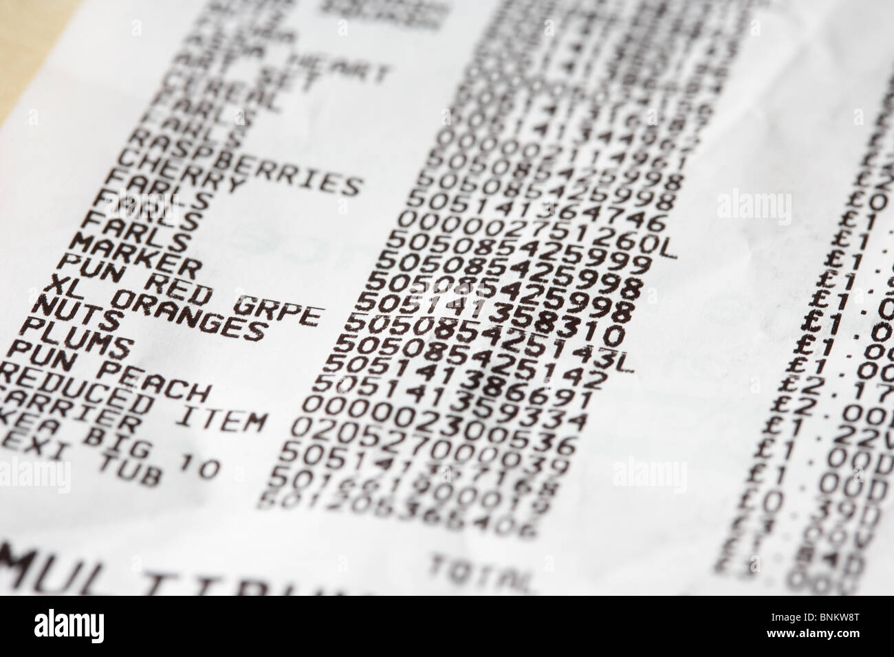 itemised supermarket till receipt showing purchases of fruit Stock ...