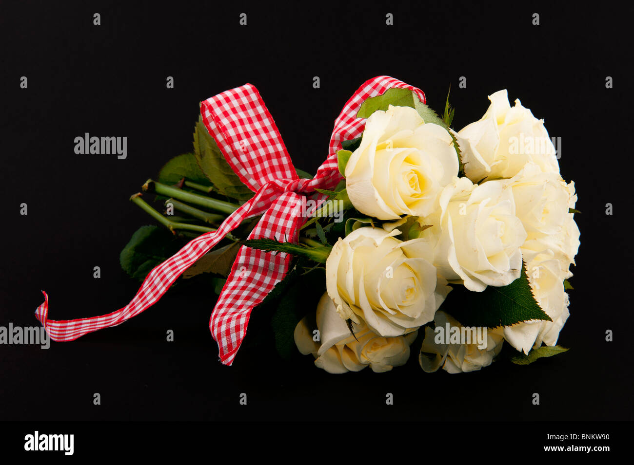 white roses on black background with checked ribbon Stock Photo - Alamy