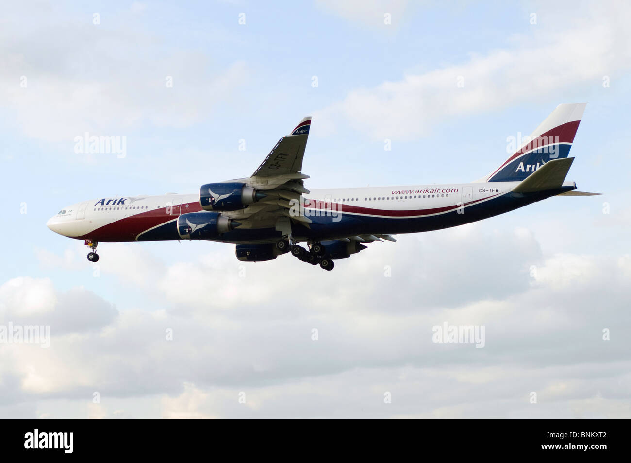 Airbus A340 operated by Arik Air on approach for landing at London ...