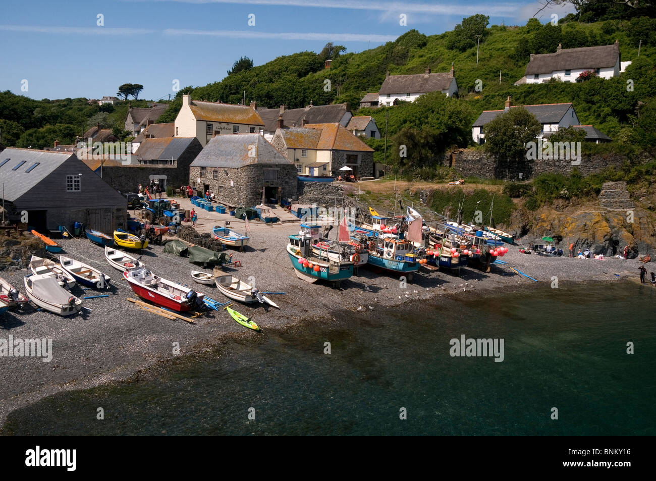 Looking down on Cadgwith village with it's fishing boats on the beach ...