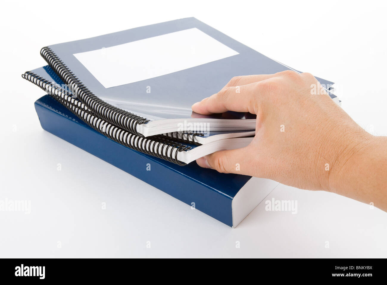 Blue school textbook, notebook or manual with white background Stock ...