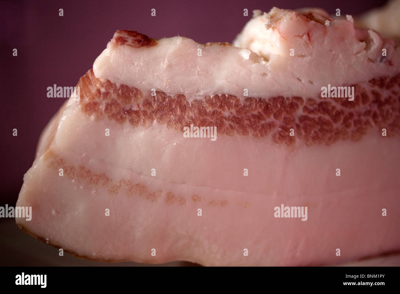 A piece of fatty salt pork from a Spanish Iberian pig is displayed in a ...