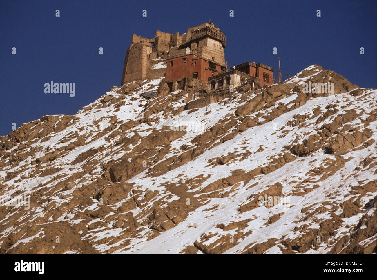 Leh Gompa Ladakh India rock face steep incline snow building ...