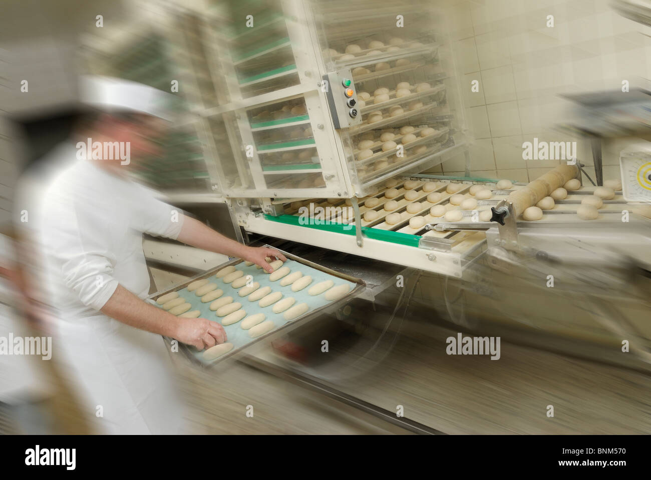 pastry process to bread, machine preparing pastry to bread rolls blanks ...