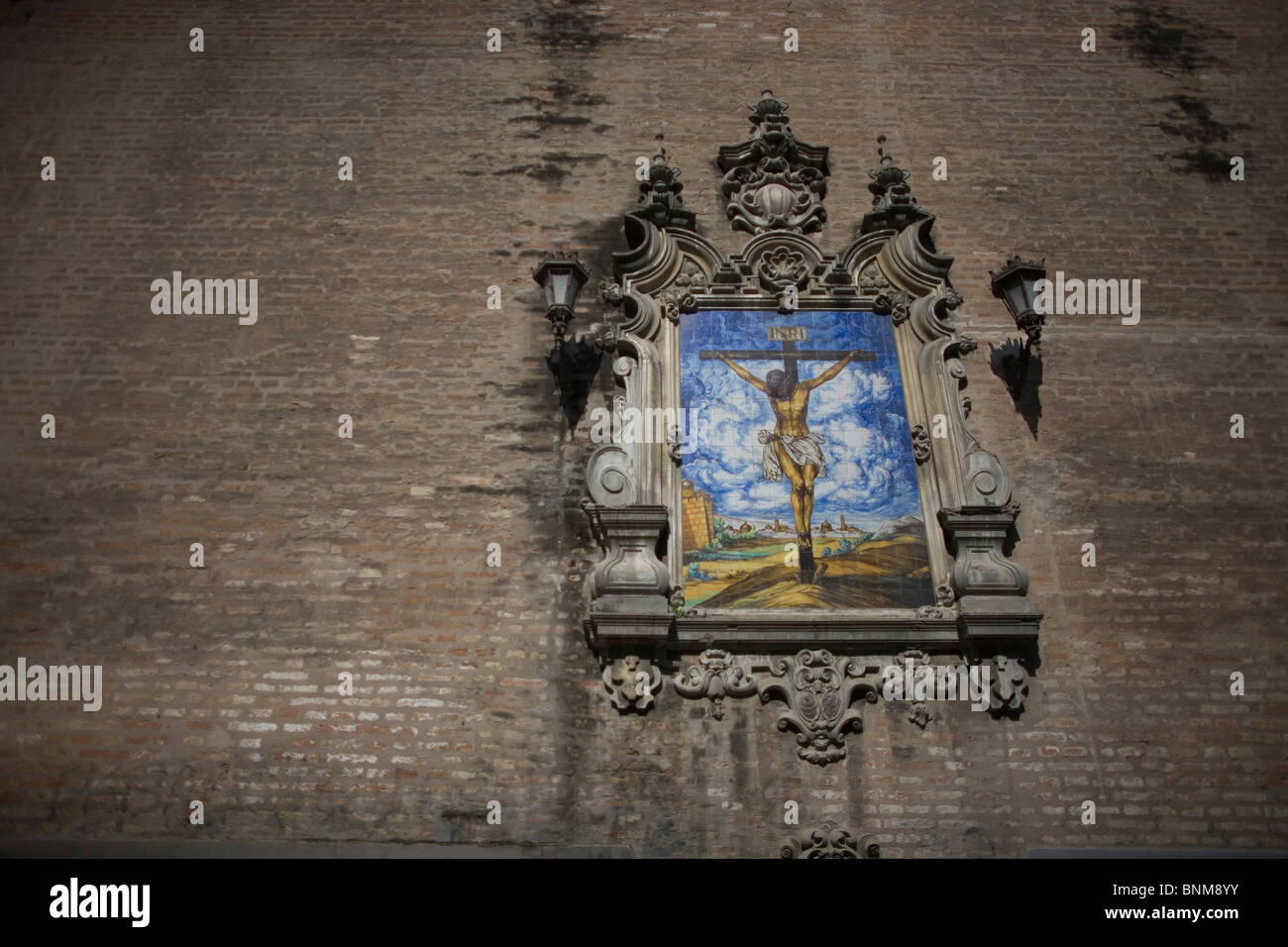 An image of a crucified Jesus Christ painted on tile is seen in the ...