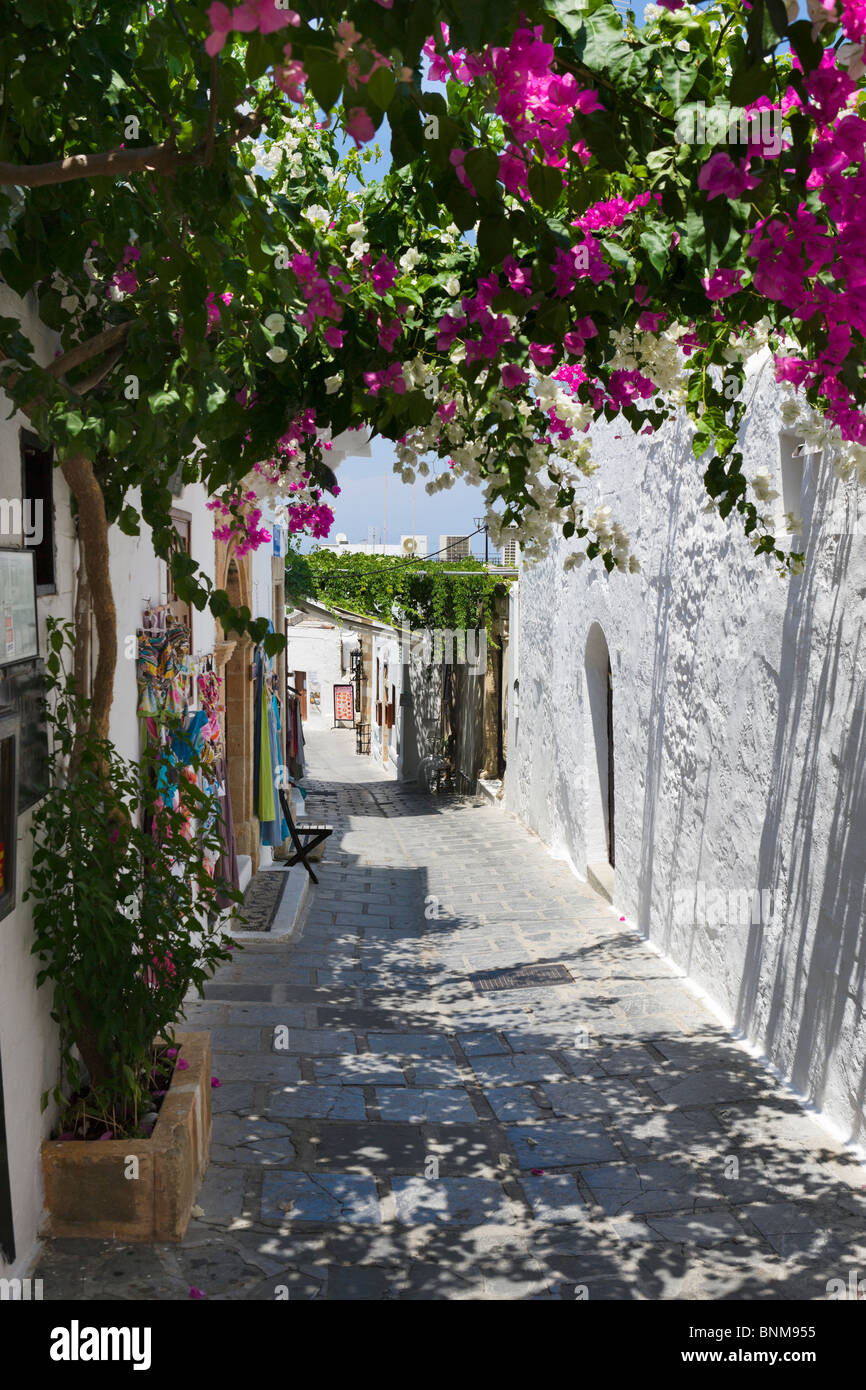 Typical street in the village of Lindos, Rhodes, Greece Stock Photo - Alamy