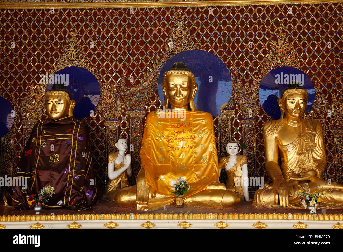 Myanmar Burma Burma Rangoon Yangon Shwedagon pagoda Buddha's statues ...