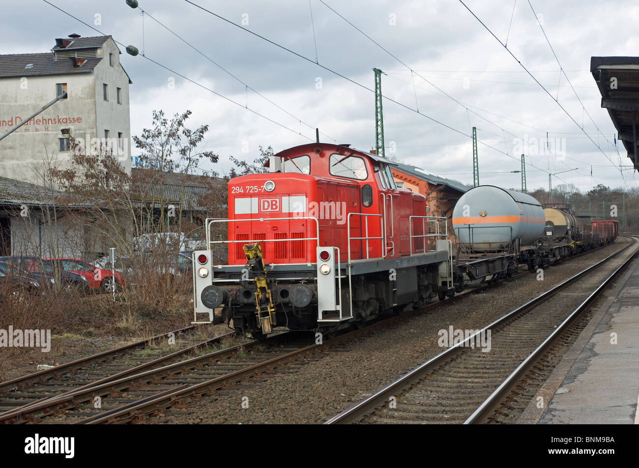 German railways freight train passing through Leichlingen, North Rhine ...
