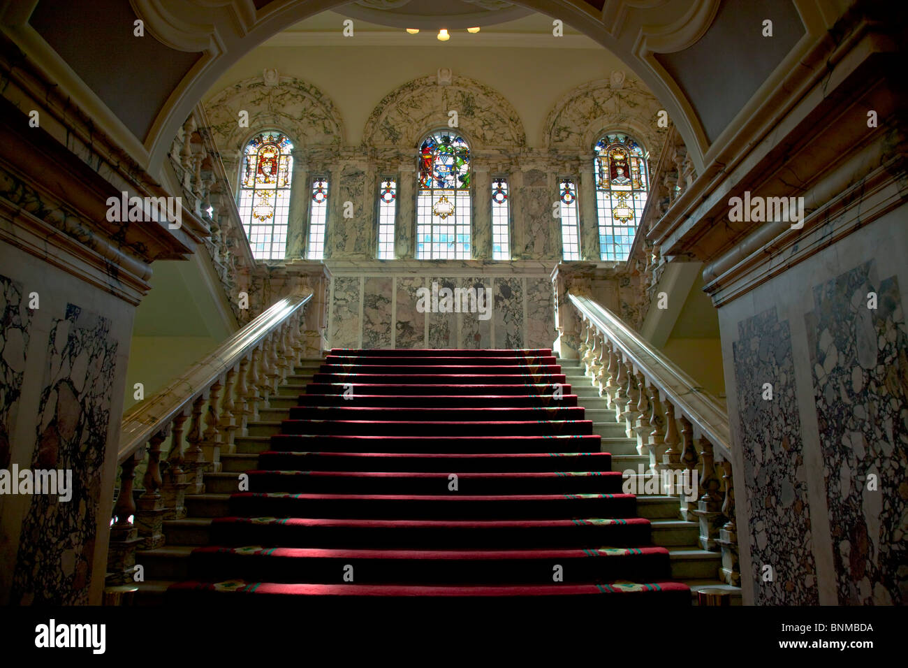 Ireland, North, Belfast, City Hall, Interior with stairs leading up ...