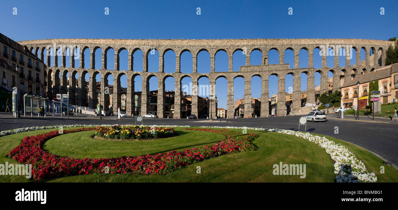 Spain Castile Leon Segovia Roman aqueduct spinning top meadow bridge ...