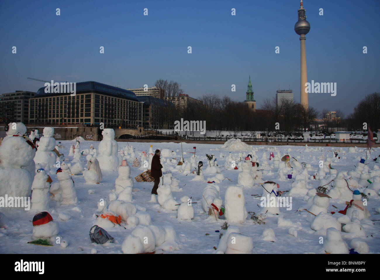 Germany winter Berlin snow television tower snowmen figures Stock Photo ...