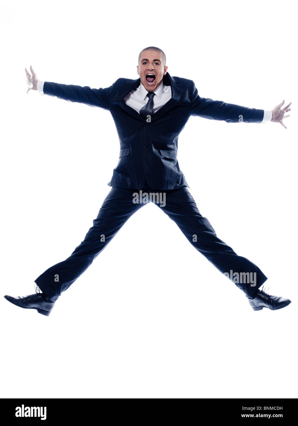 caucasian man businessman jumping scream isolated studio on white ...