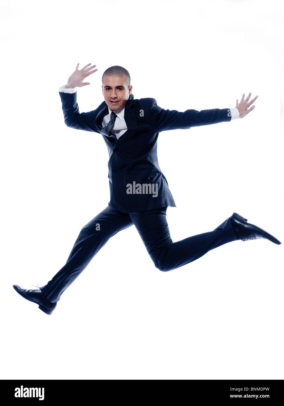 caucasian man businessman leap run pose isolated studio on white ...