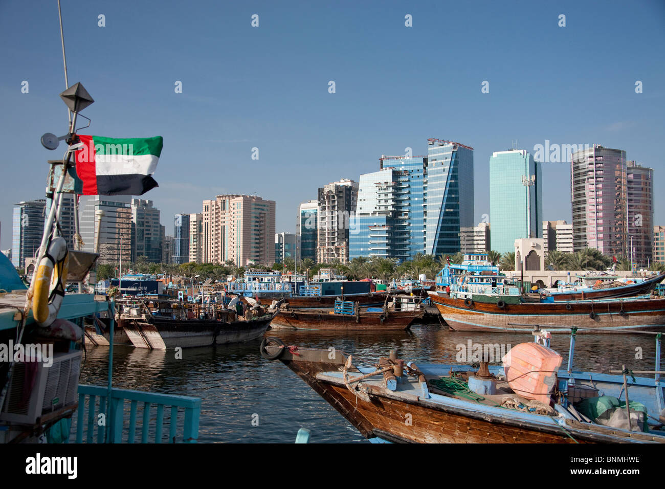 Dubai United Arab Emirates Middle East UAE river flow water skyline ...