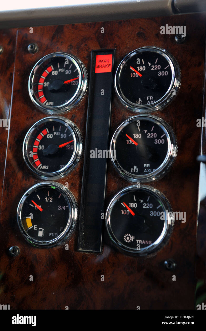Warning lights and gauges in the cab of a semi truck tractor Stock ...