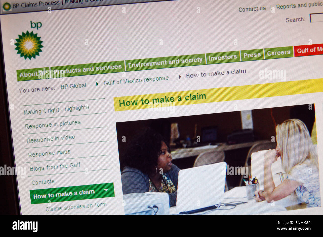 A screen shot showing visitors how to make a claim on the BP web site ...