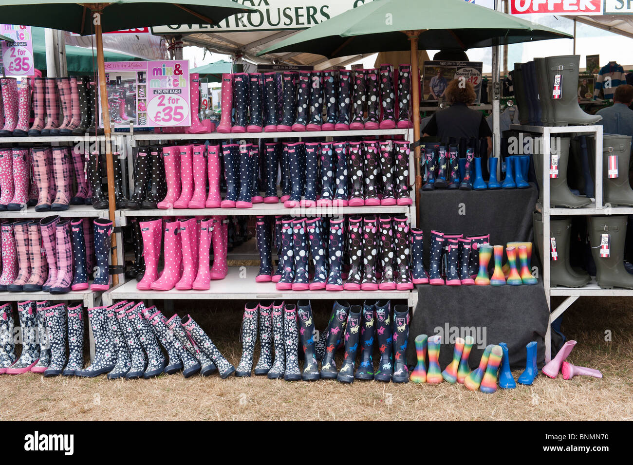 Colourful wellingtons on display at the CLA Game Fair Stock Photo - Alamy