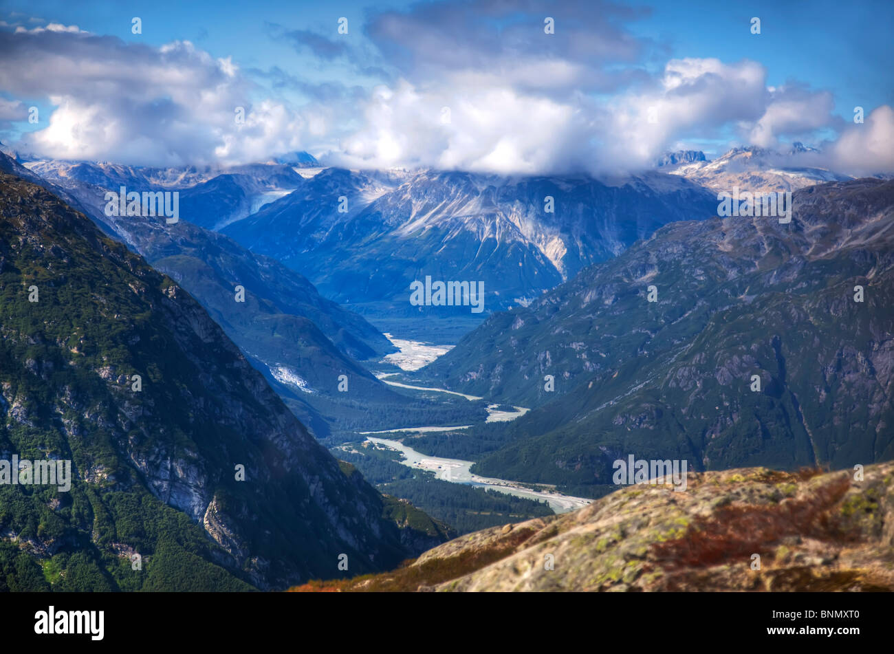 Aerial view from Lake Clark Pass of river valley below, Alaska, HDR ...