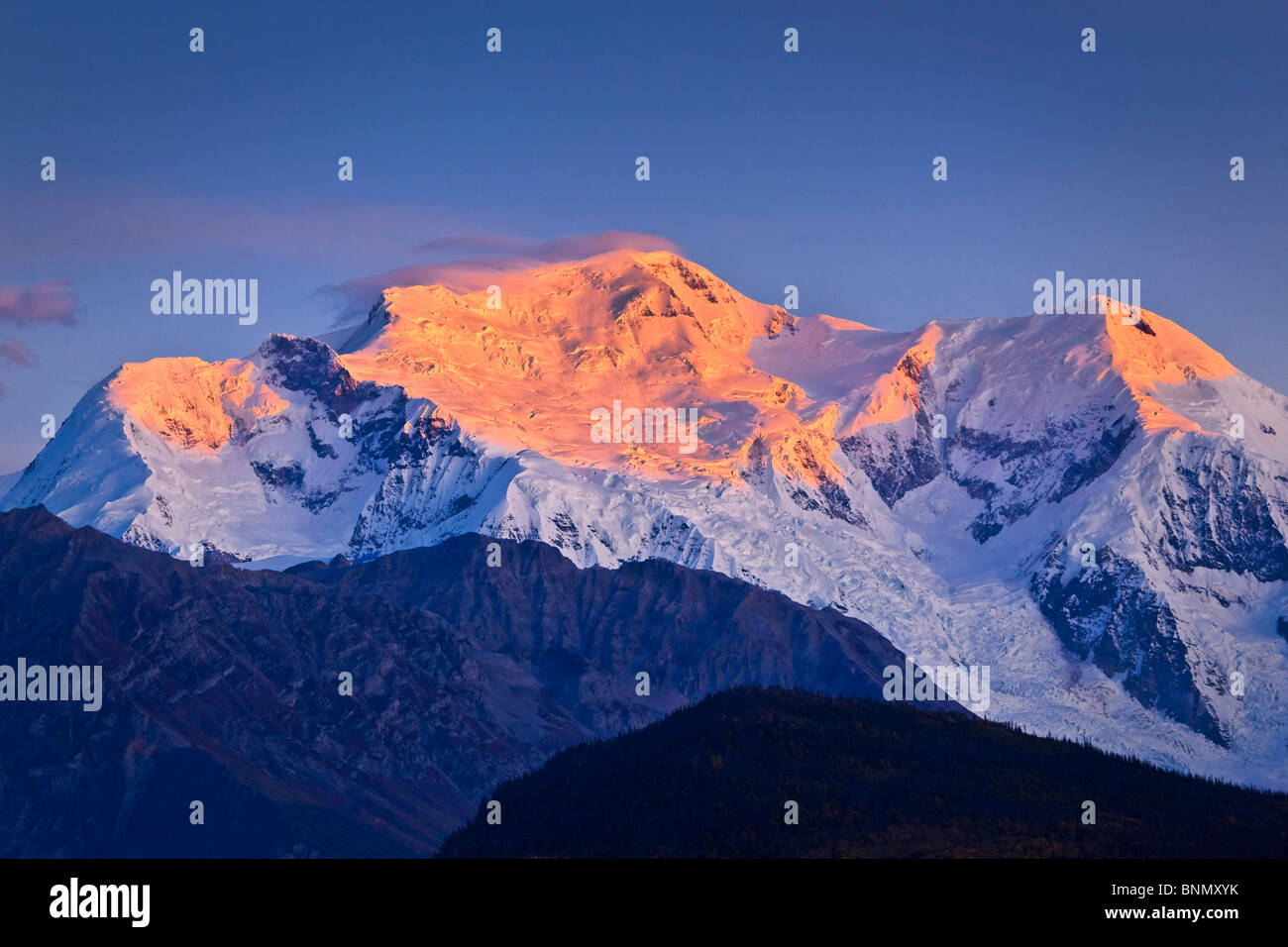 Alpenglow on Mount Blackburn at sunrise, Wrangell St. Elias National ...